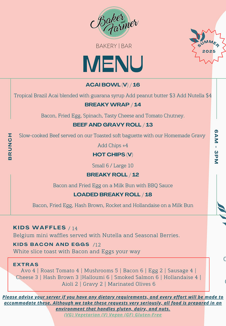 Menu - Baker and Farmer
